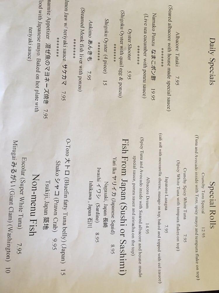 Menu at Sushi Hiro restaurant, Las Vegas