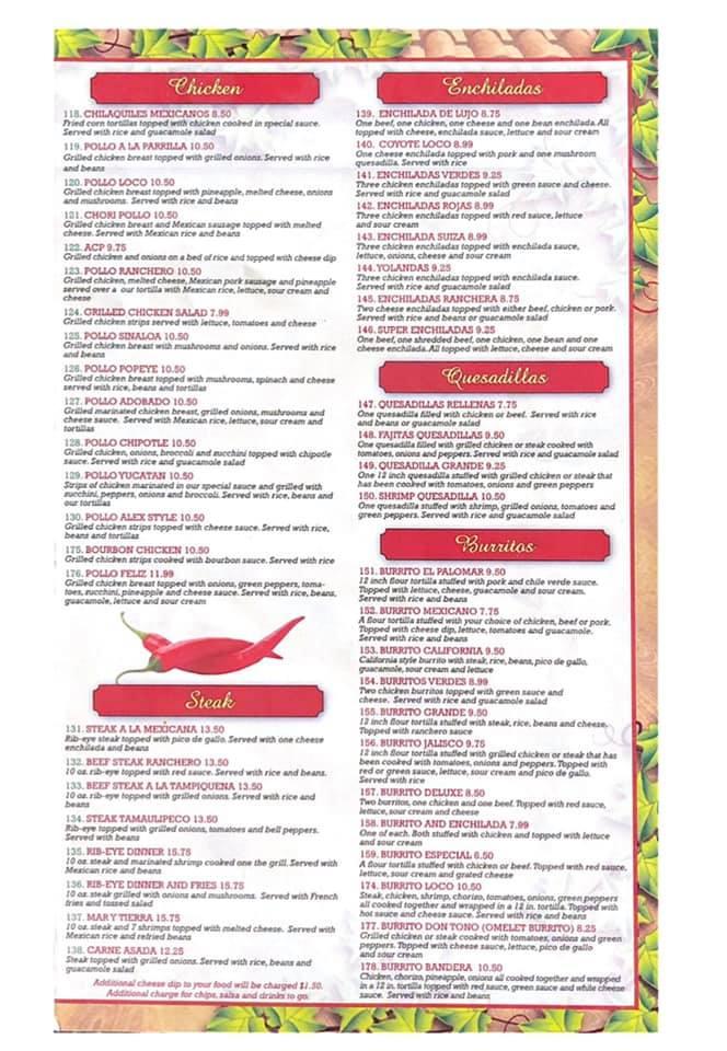 Menu at El Palomar restaurant, Circleville