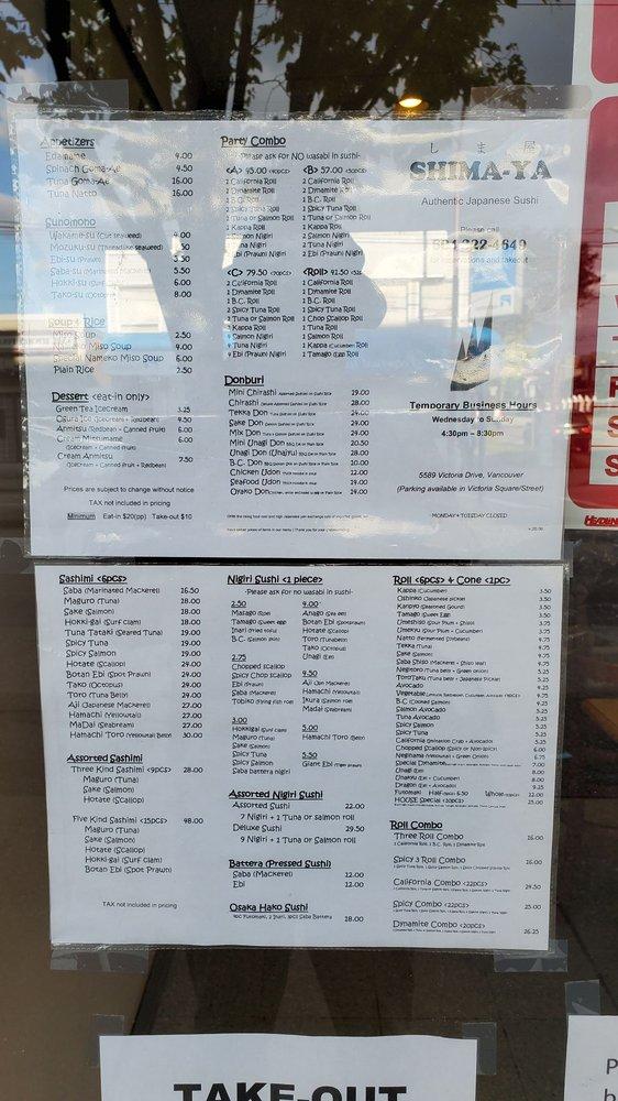 Menu at Shima-Ya Sushi restaurant, Vancouver