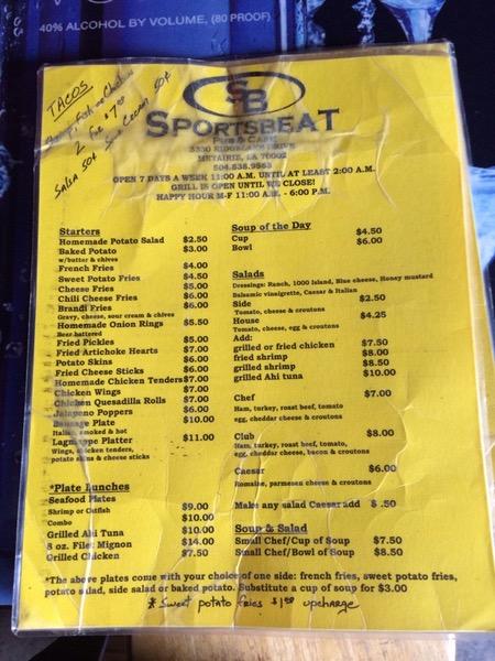 Menu at Sports Beat Pub & Cafe, Metairie