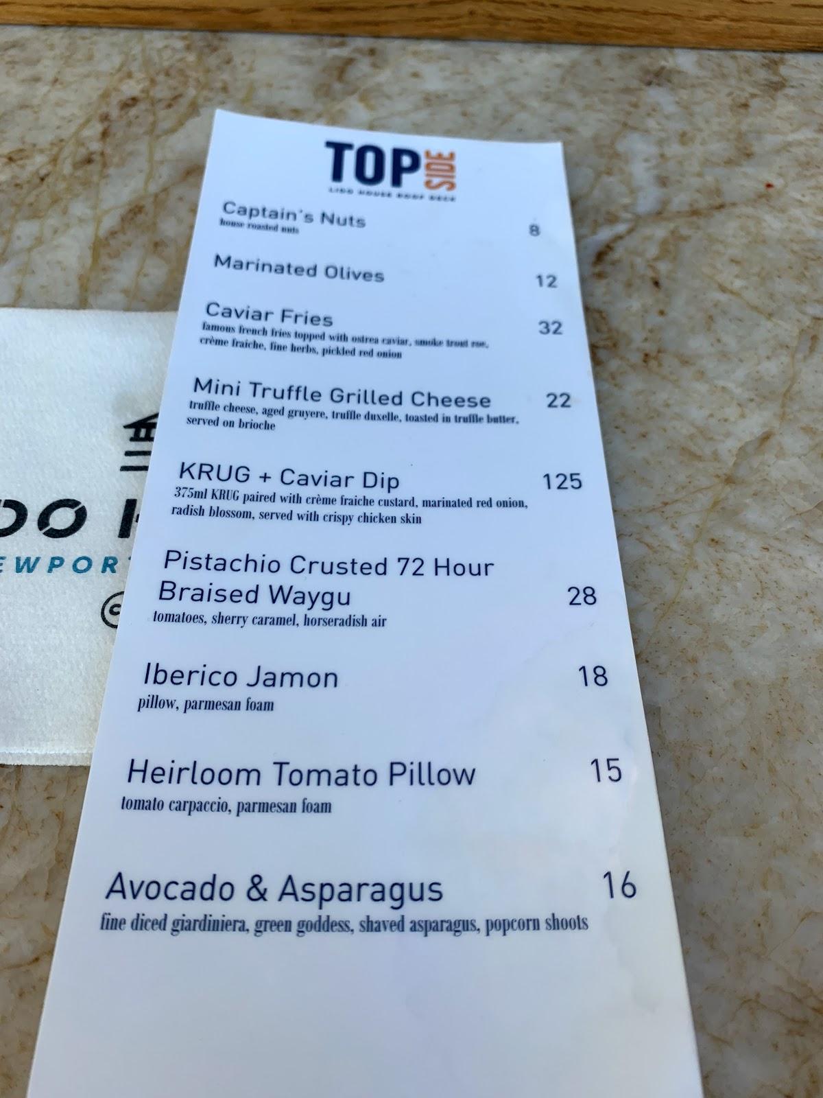 Topside Roof Deck Menu