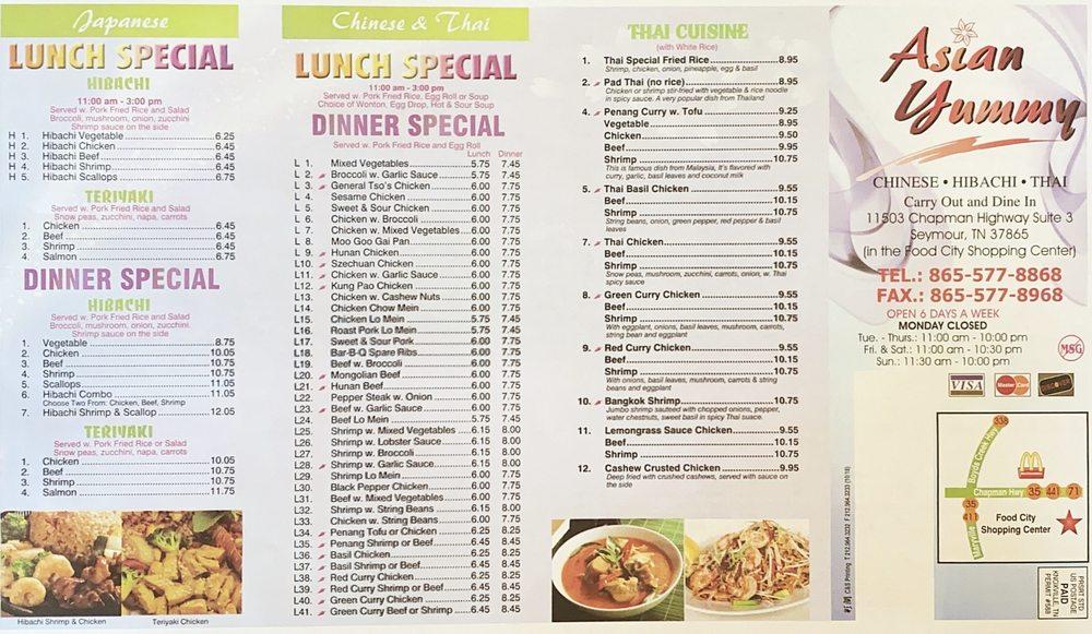 Menu at Asian Yummy restaurant, Seymour