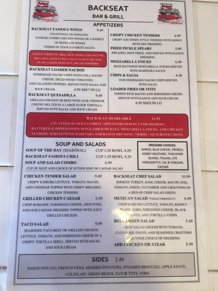 Menu at Backseat Bar and Grill, Winchester, 104 Full House Dr