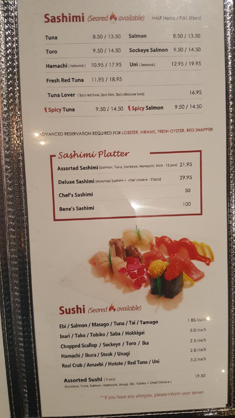 Menu at Bene Sushi Lounge restaurant, West Vancouver