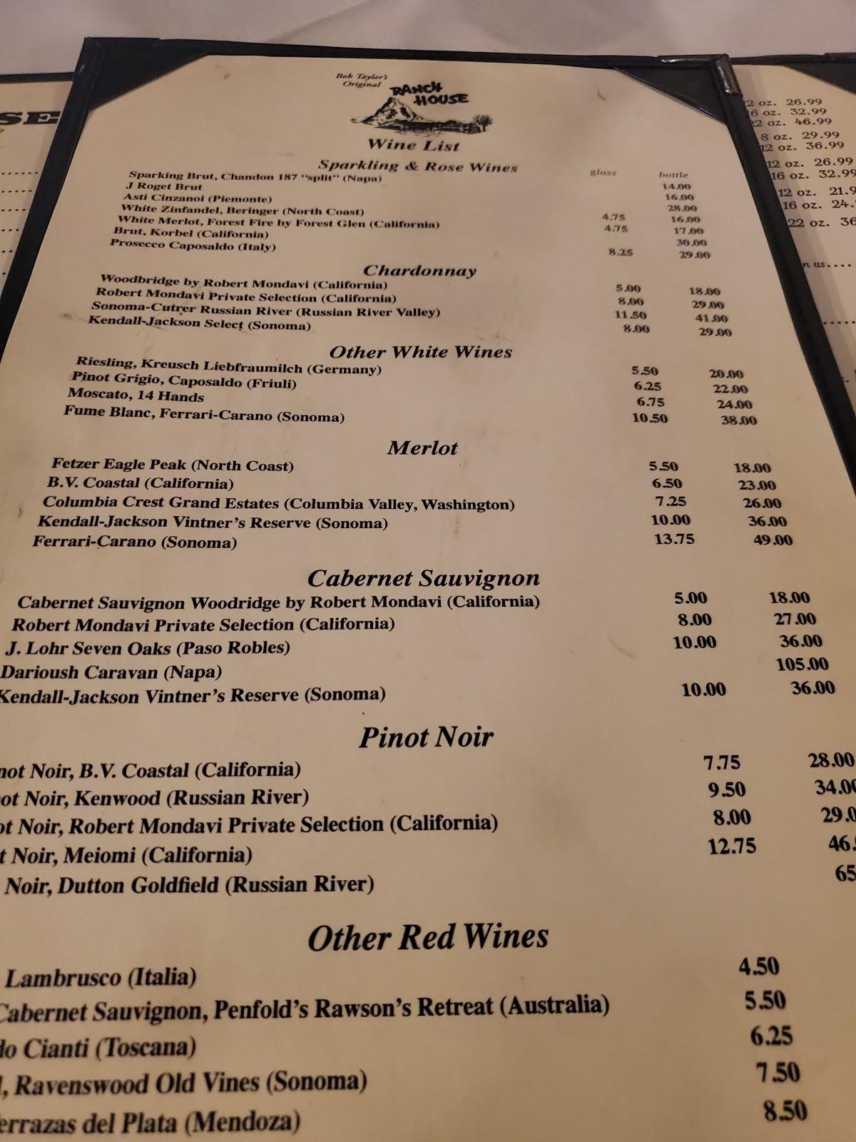 Menu at Bob Taylor's Ranch House pub & bar, Las Vegas
