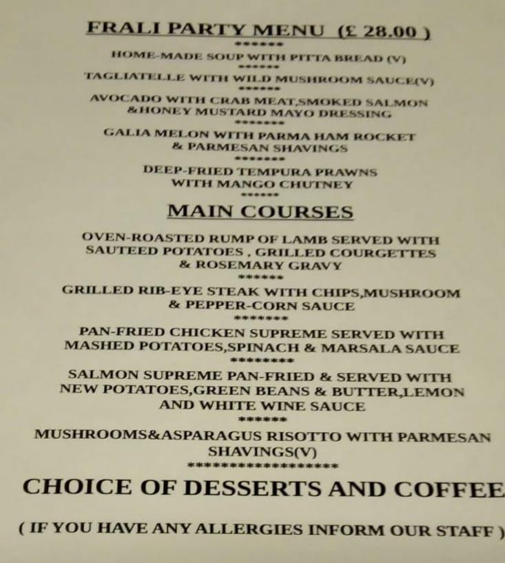 Menu at Frali restaurant, Sidcup