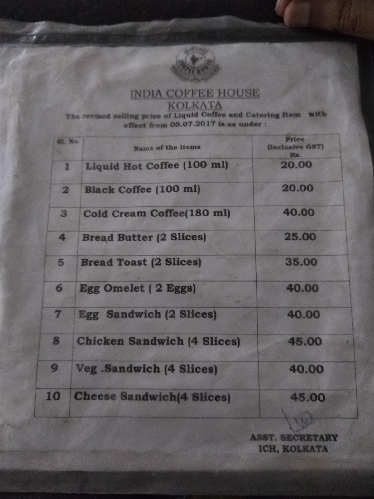 Menu at India Coffee House 'SS CHAMBER 1st Floor', Kolkata