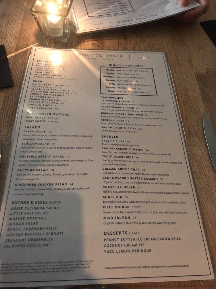 Menu at Pacific Table restaurant, Fort Worth