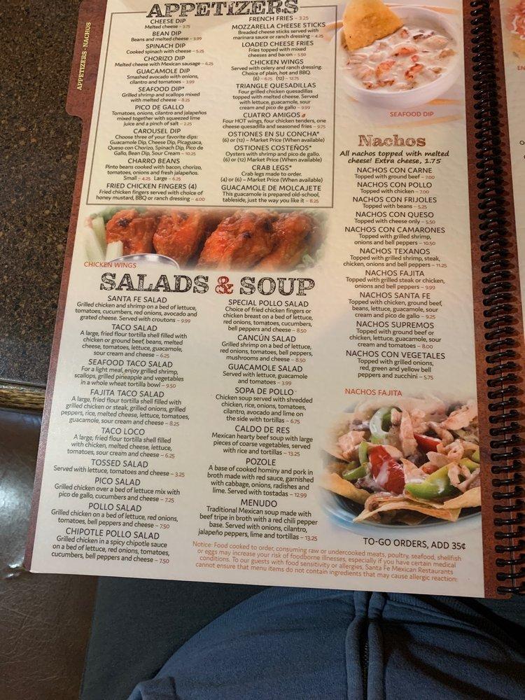 Menu at Santa Fe Mexican Grill restaurant, Greensboro, 423 Pisgah Church Rd