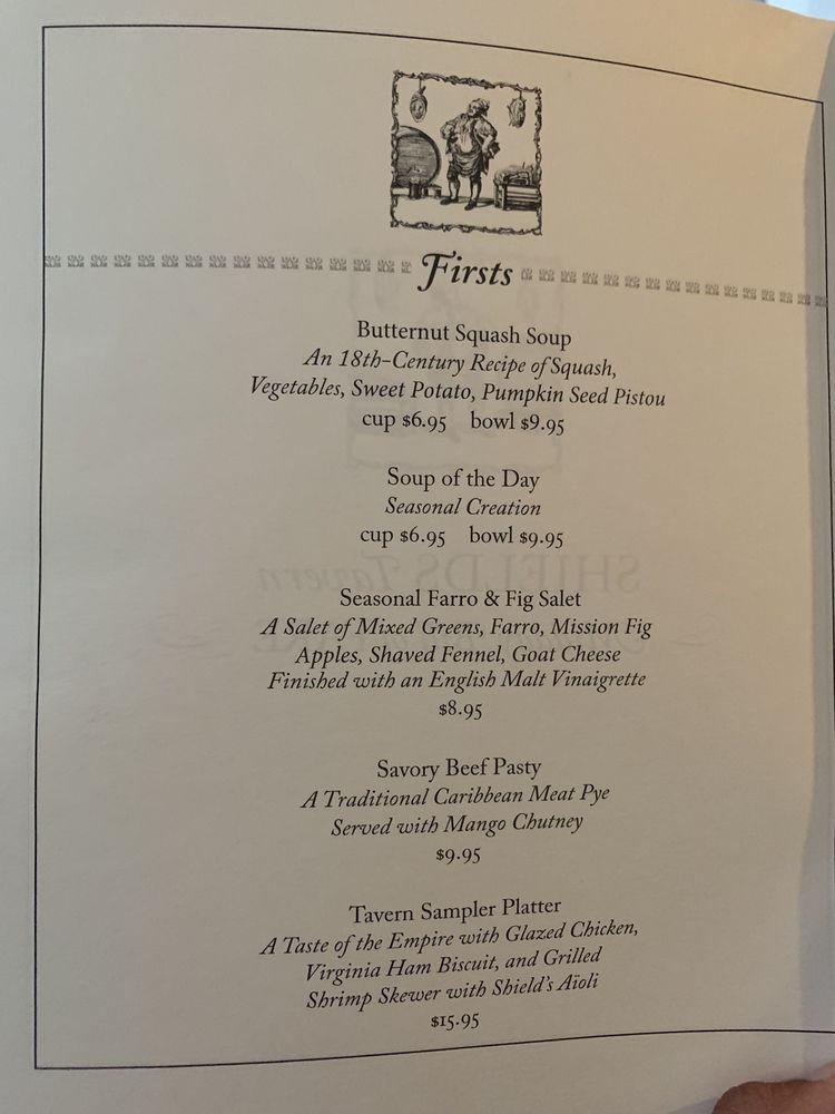 Menu at Shields Tavern restaurant, Williamsburg