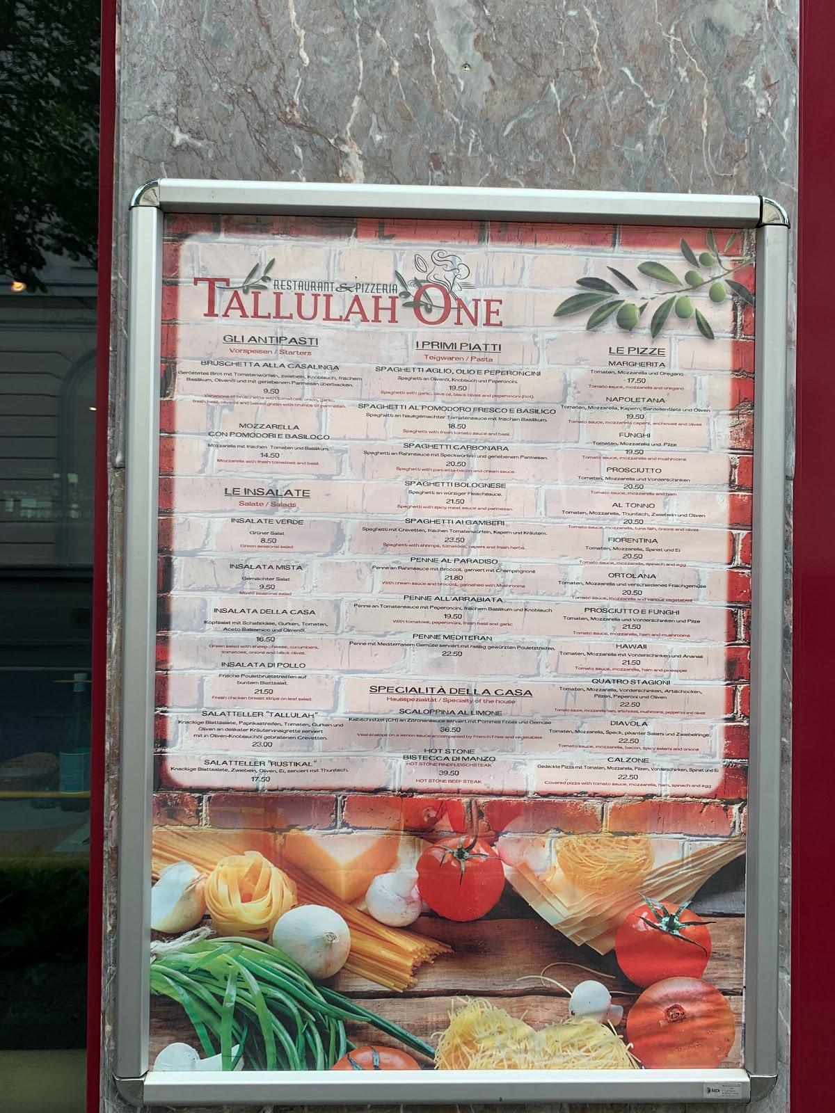 Menu at Tallulah One, Lucerne