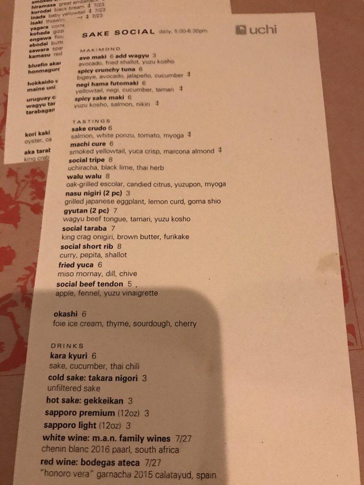 Menu at Uchi restaurant, Houston, 904 Westheimer Rd Suite A