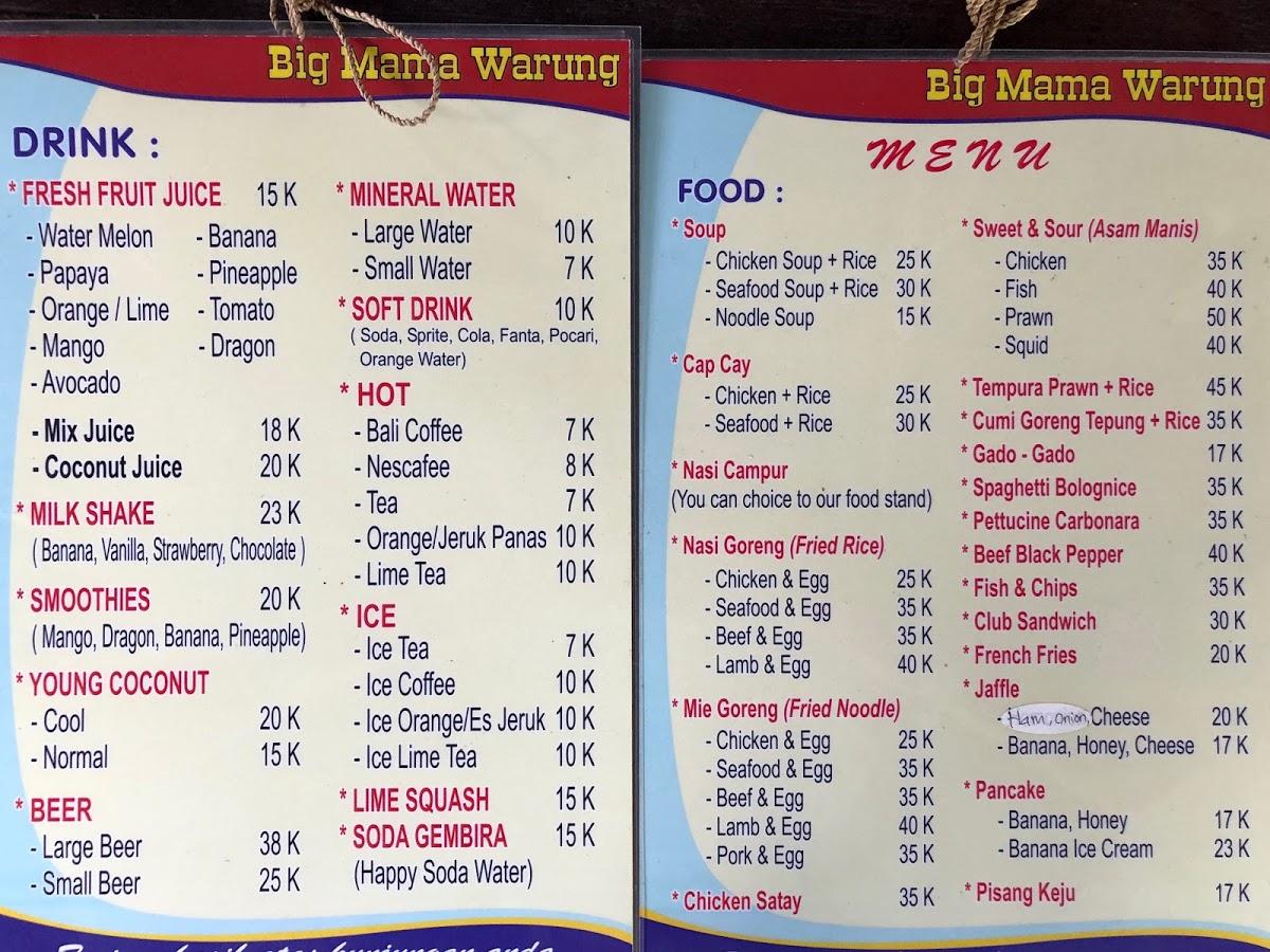 Menu at Big Mama Warung restaurant, Kuta Selatan