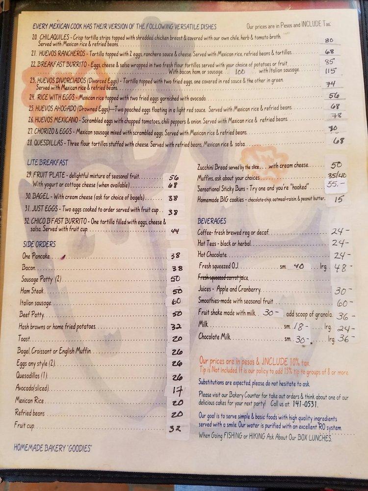 Menu at Caleb's Cafe, Los Barriles
