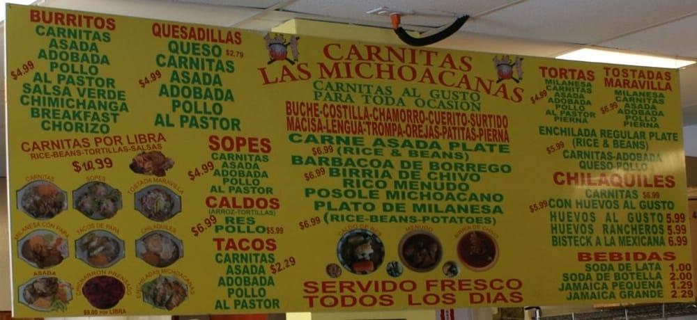 Menu at Carnitas Las Michoacanas restaurant, San Diego, University Ave