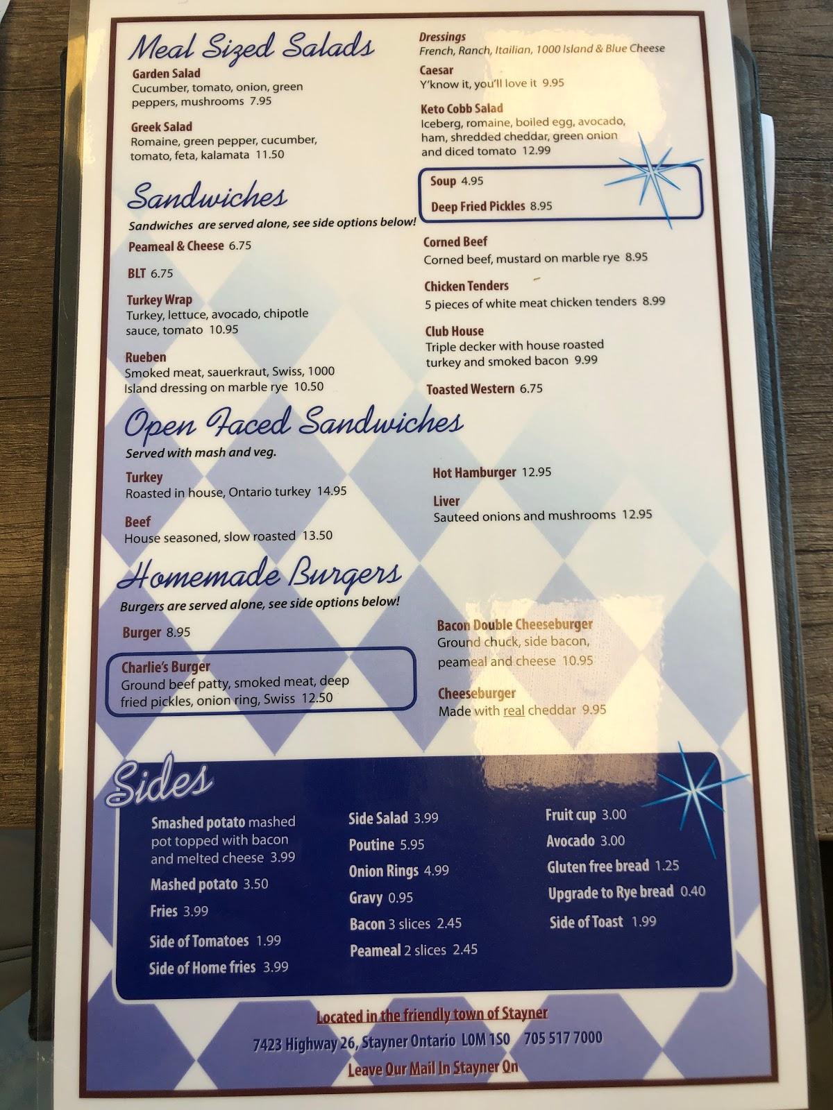Menu at Charlie's Diner restaurant, Stayner