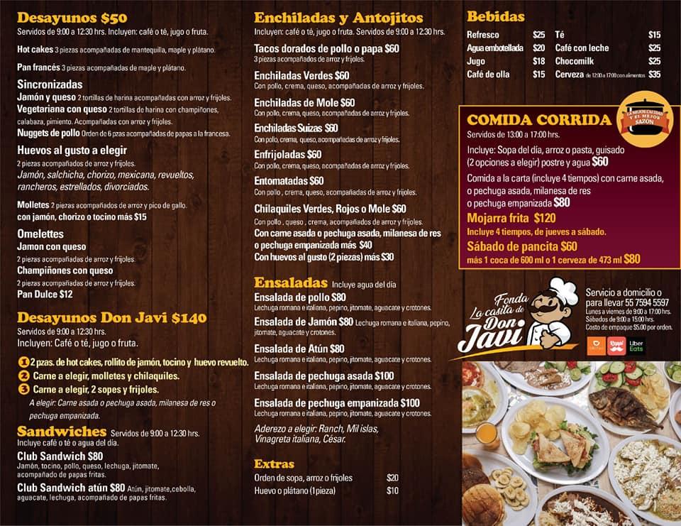 Menu at Fonda la casita de Don Javi restaurant, Mexico City
