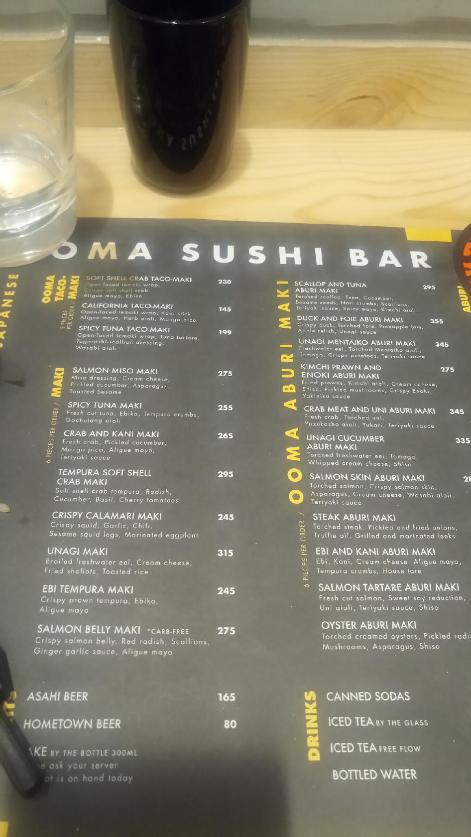 Menu at Ooma Salcedo restaurant, Makati, Paseo Heights