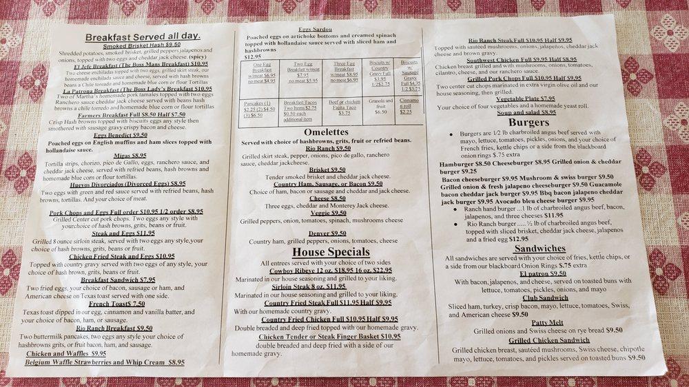Menu at Rio Ranch Cafe, Kerrville