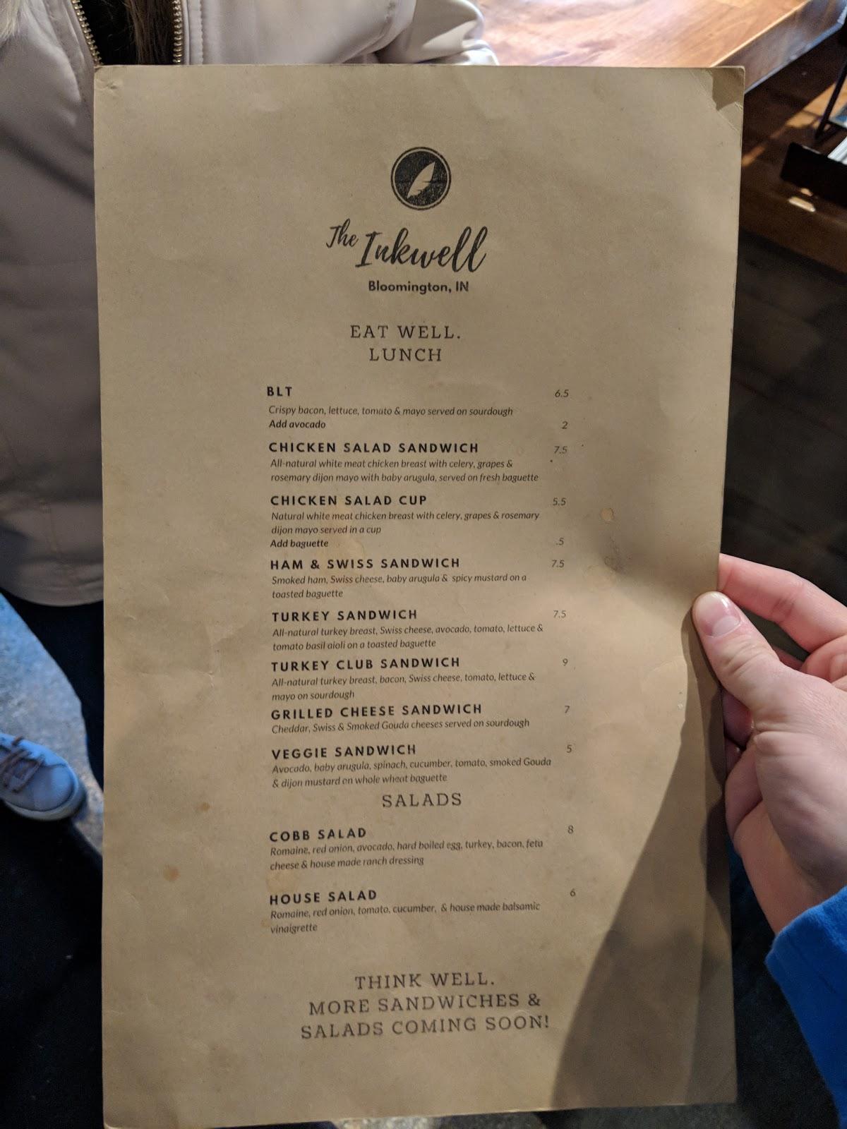 Menu at The Inkwell Bakery & Cafe, Bloomington, 105 N College Ave