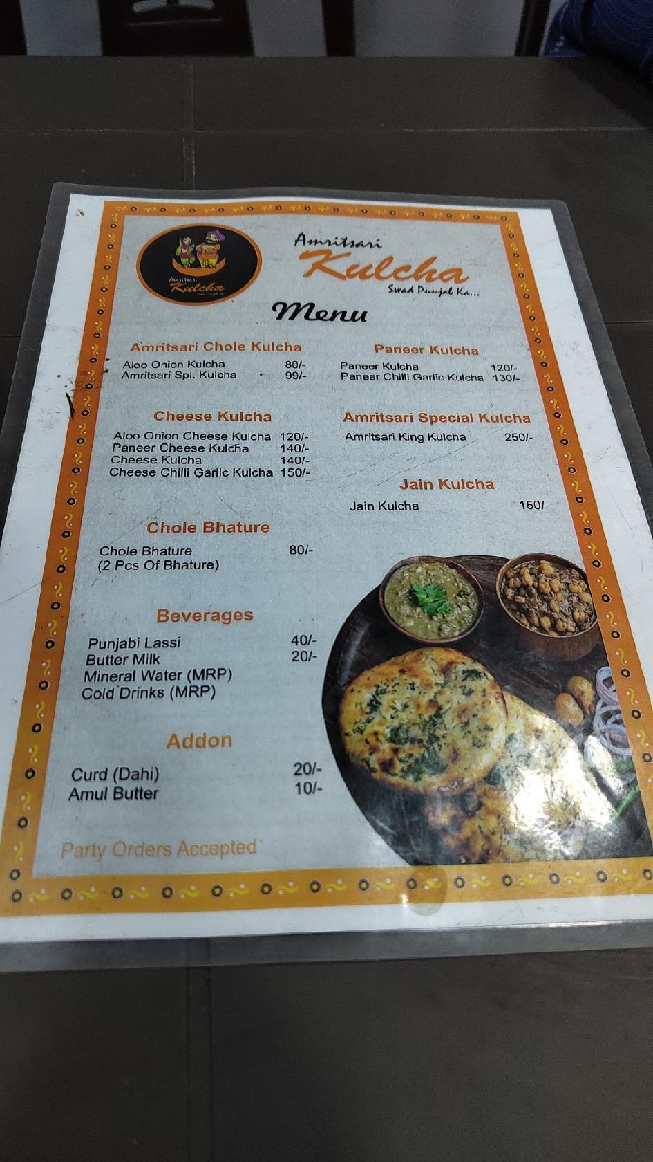 Menu at Amritsari Kulcha, Ahmedabad, A-2 Swagat Status I