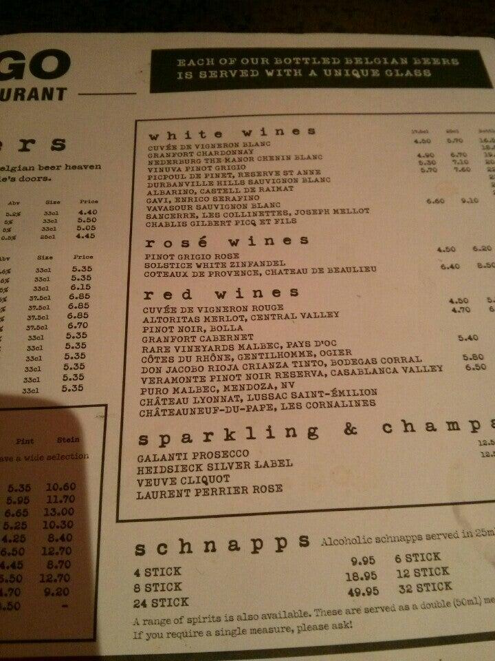 Menu at Belgo restaurant, London, 29-31 Old Compton Street