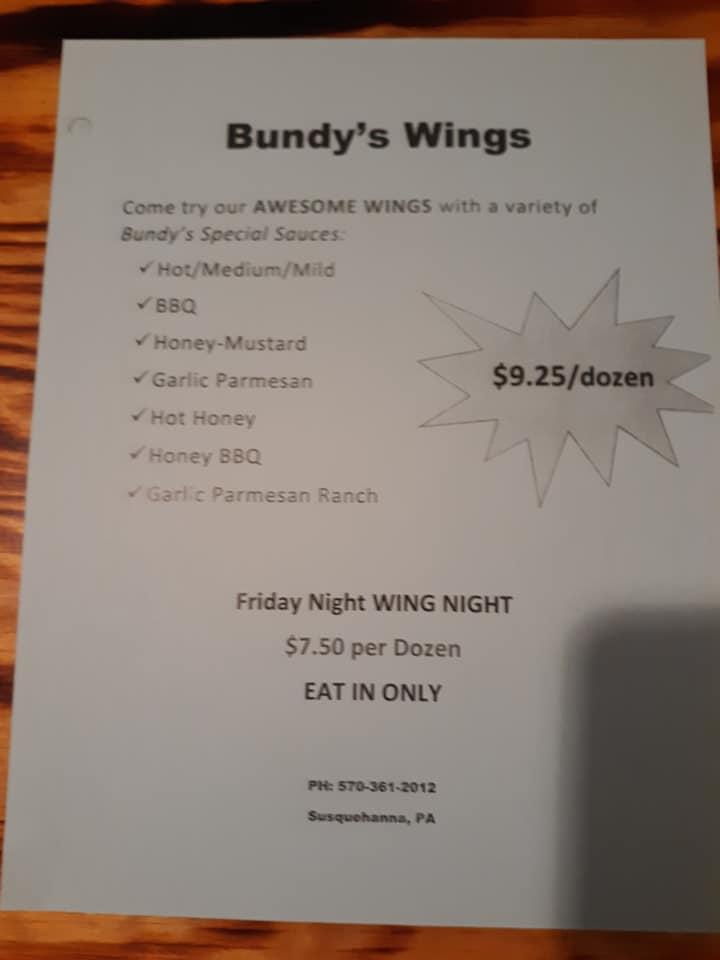 Menu at Bundys Place pub & bar, Susquehanna