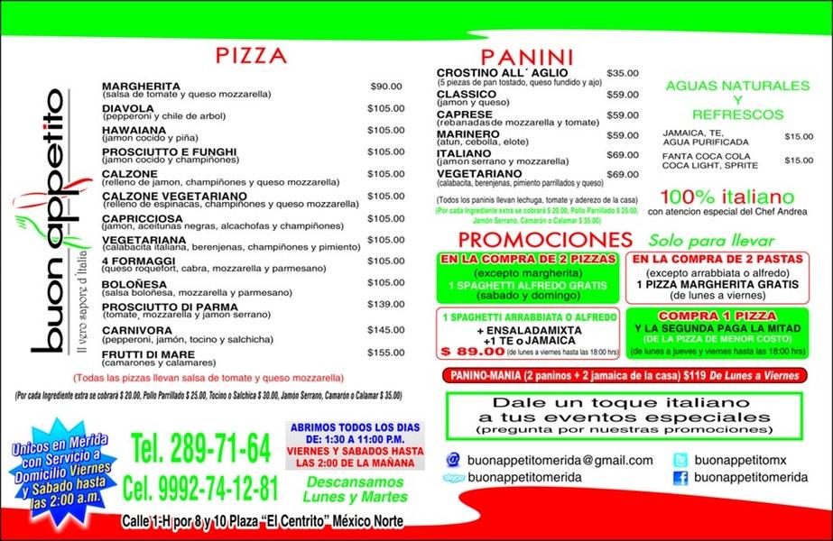 Menu at Buon Appetito restaurant, Merida, Calle 1h Por 8 y 10