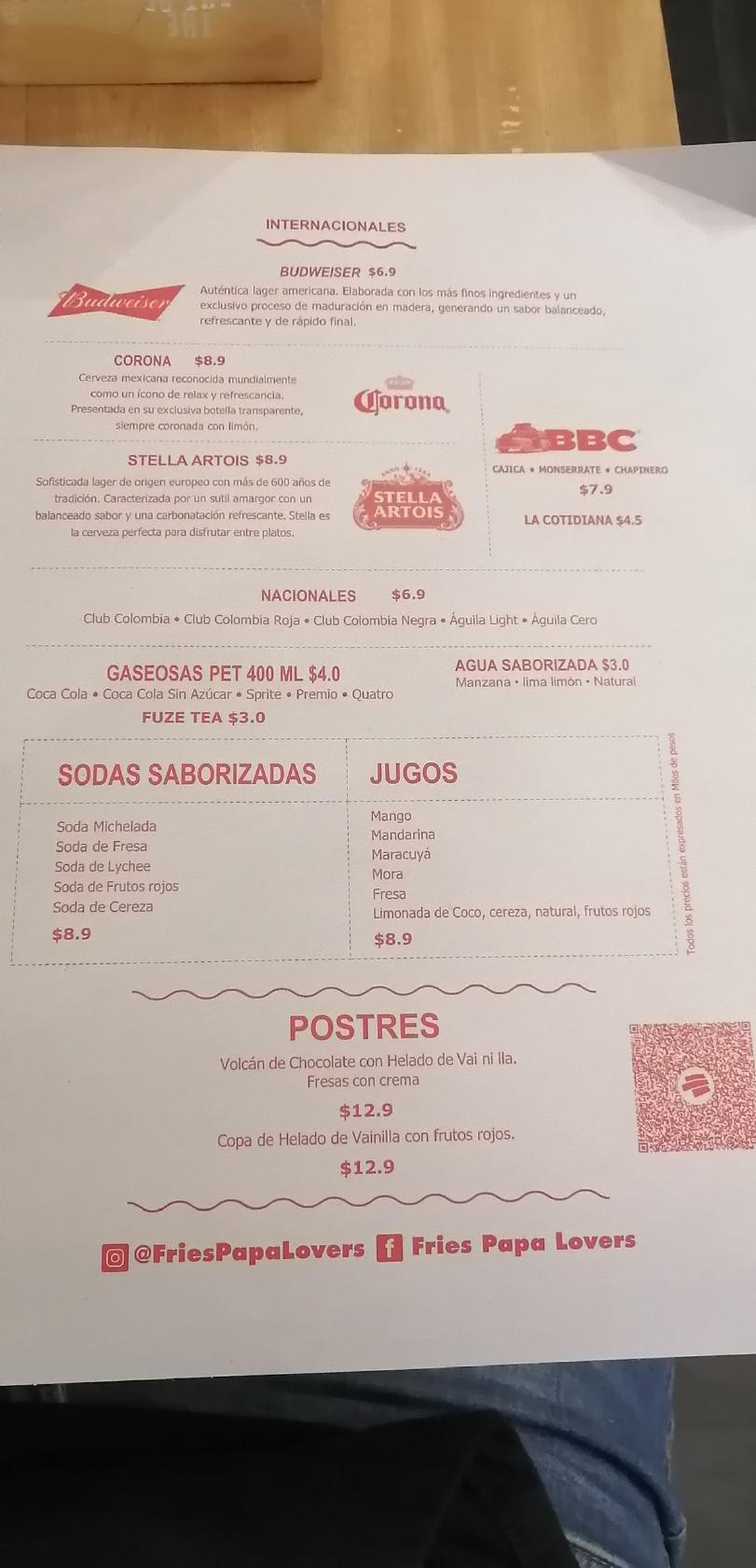 Menu at Fries Papa Lovers restaurant, Colombia