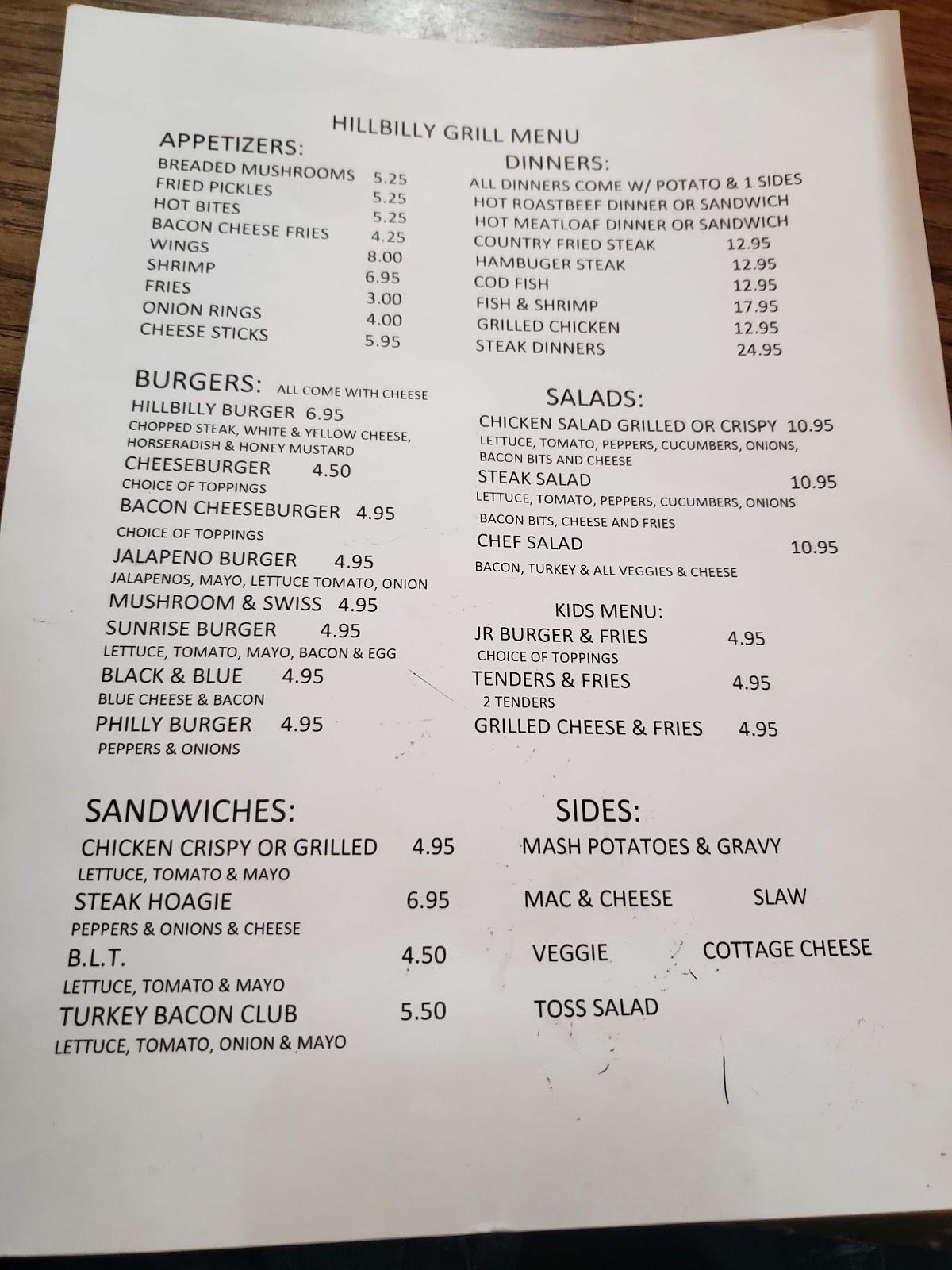 Menu at Hillbilly Grill steakhouse, Buckhannon, Stonecoal Lake Road