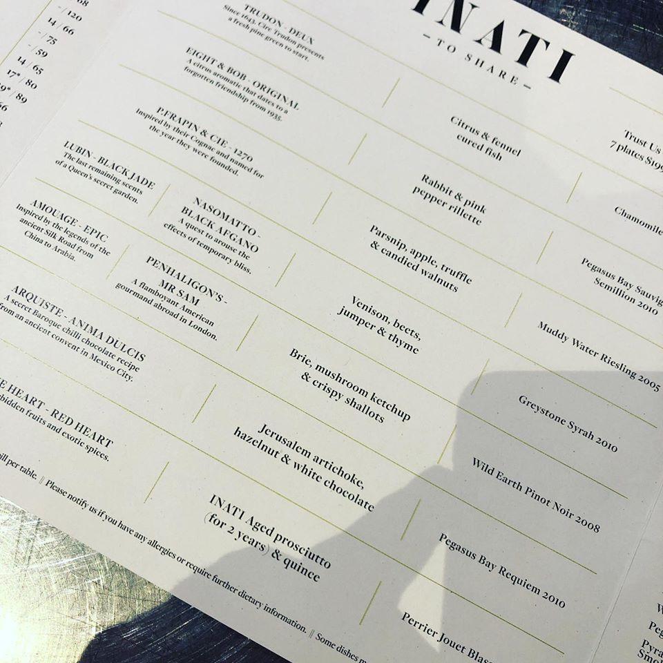 Menu at Inati restaurant, Christchurch