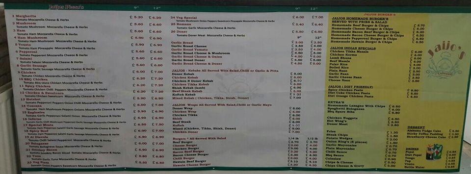 Menu at Jaijo's pizzeria, Workington