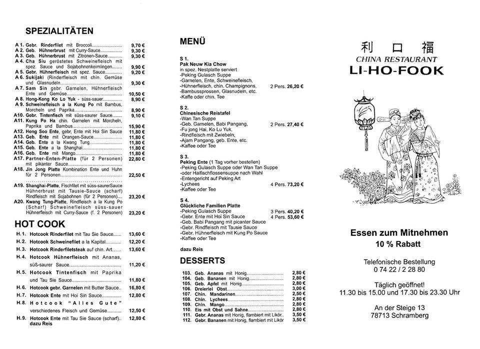 Menu at Li Ho Fook restaurant, Schramberg