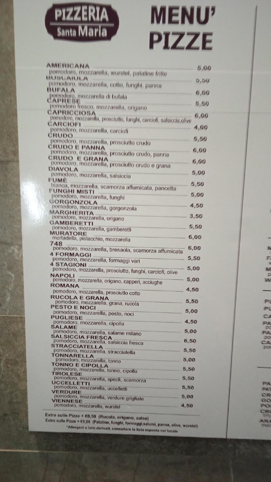 Speisekarte von Pizzeria Santa Maria, Lizzano
