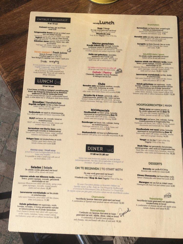 Menu at ROOM, The Hague