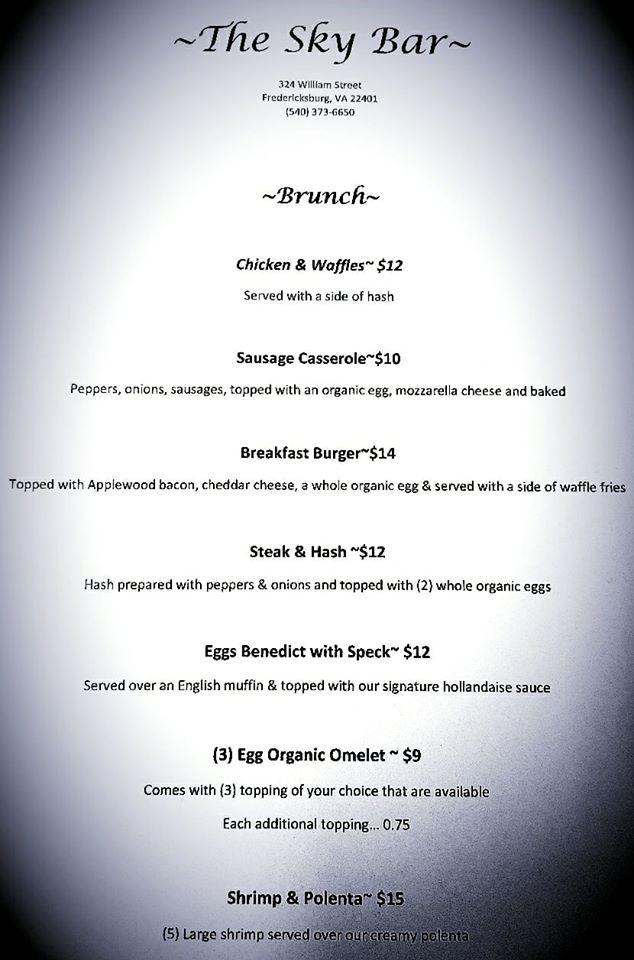 Menu at Sky Bar, Fredericksburg