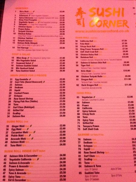 Menu at Sushi Corner restaurant, Oxford