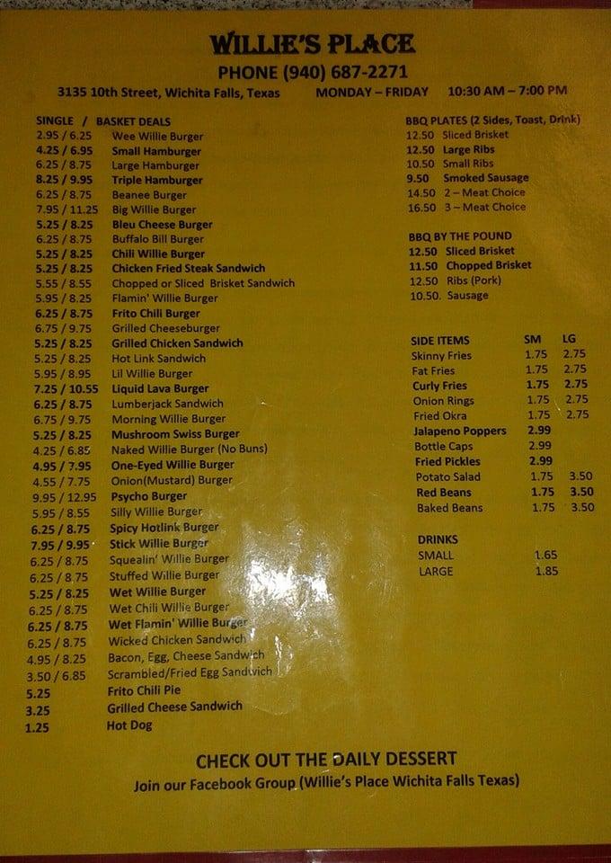 Menu at Willie's Place BBQ, Wichita Falls