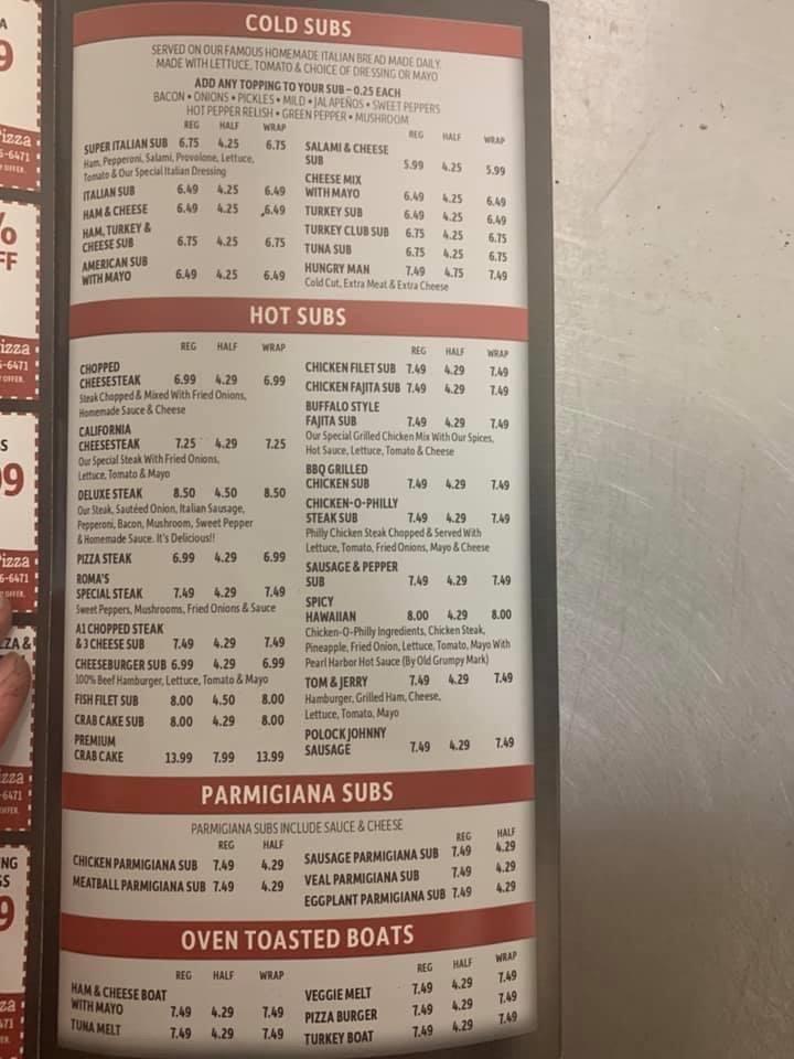Menu at Bella Roma restaurant, Winterstown