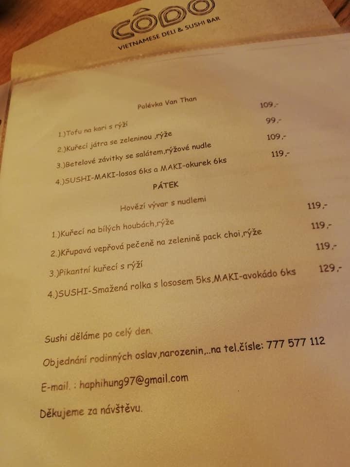 Menu at CÔDÔ Masarykova restaurant, Olomouc
