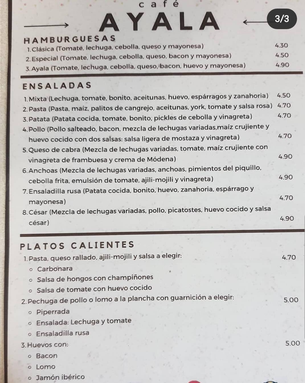 Carta de Café Ayala, Bilbao
