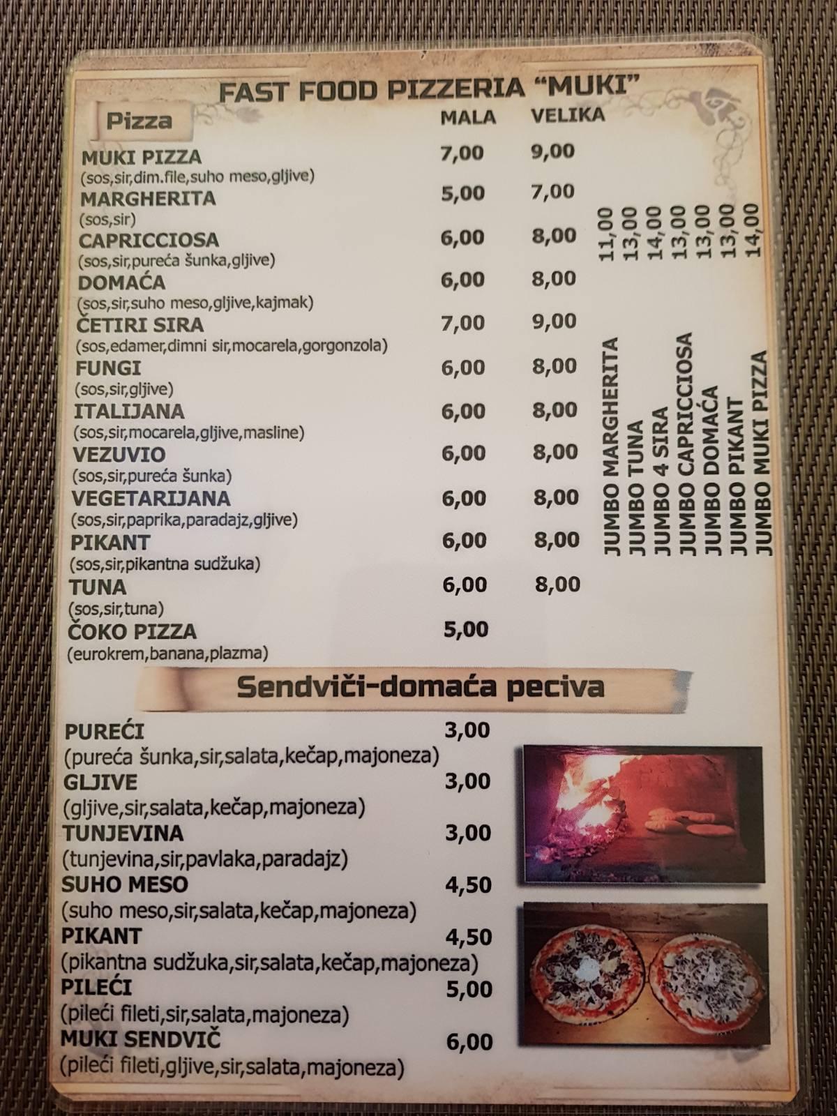 Carta de Fast Food Pizzeria "MUKI", Vogošća
