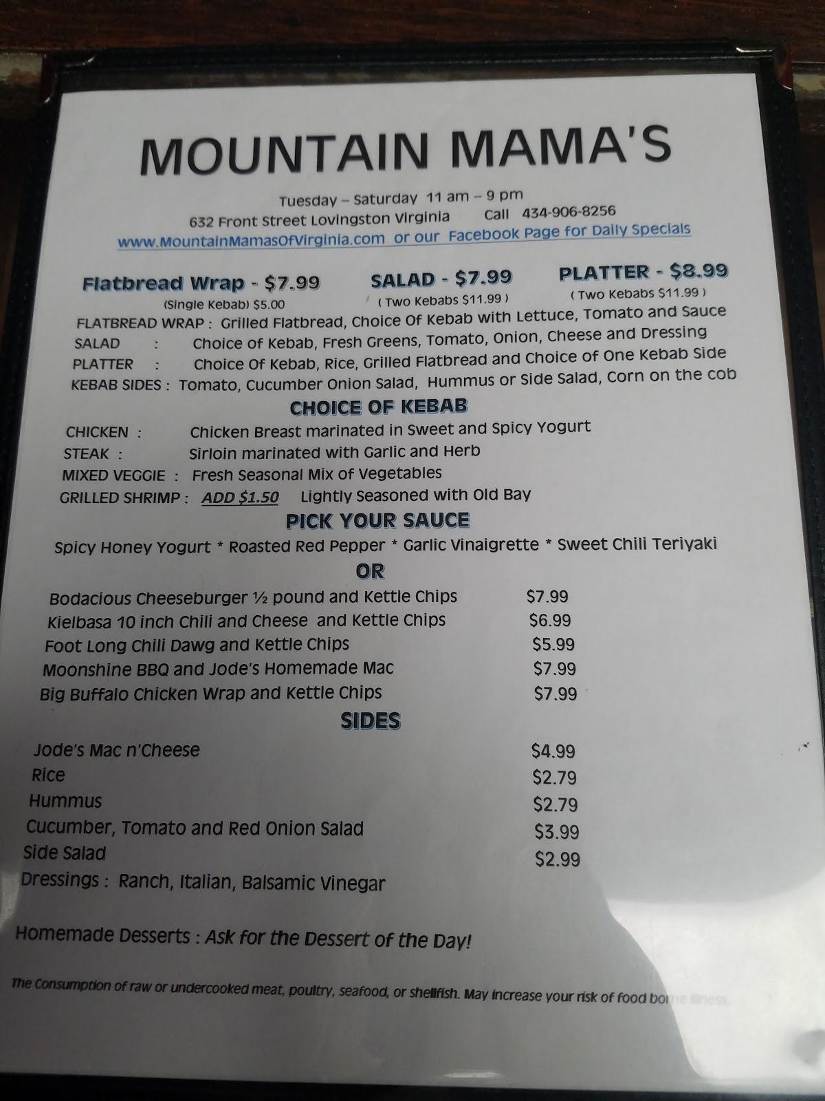 Menu at Mountain Mama's restaurant, Lovingston