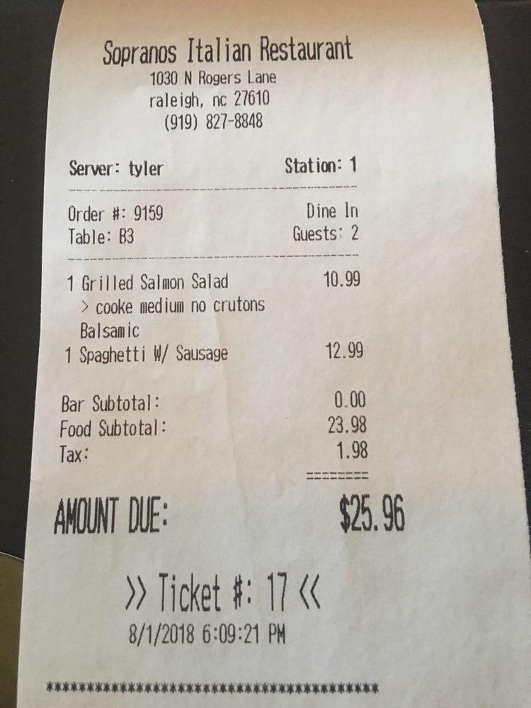 Menu at Sopranos Grill restaurant, Raleigh, N Rogers Ln STE 101