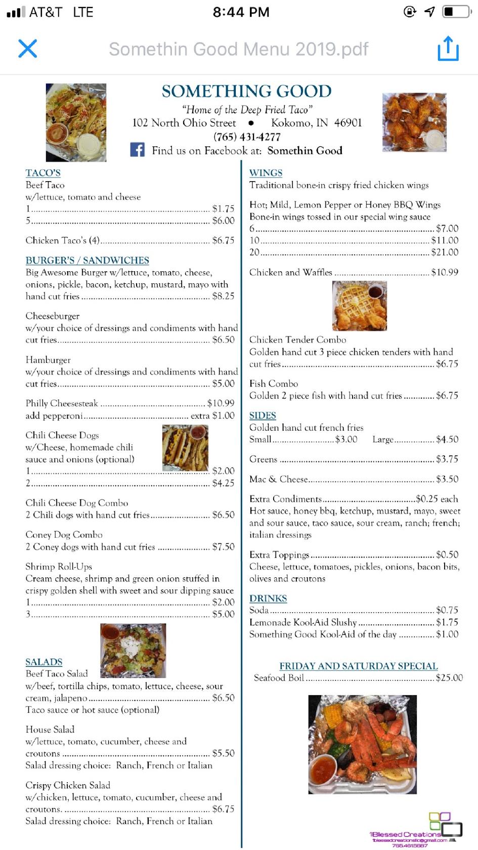 Menu at something good restaurant, Kokomo