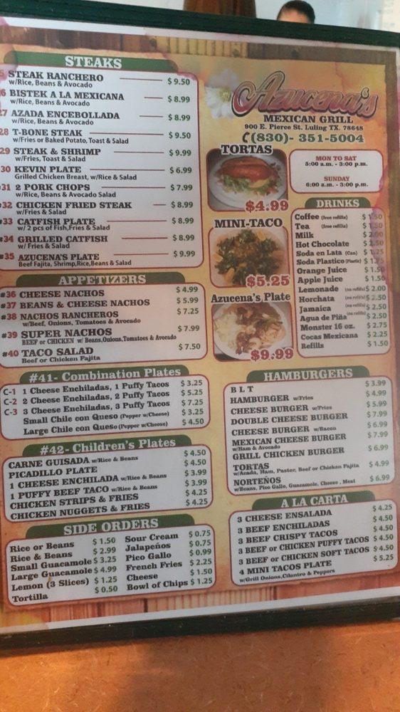 Menu at Azusena's Mexican Grill restaurant, Luling