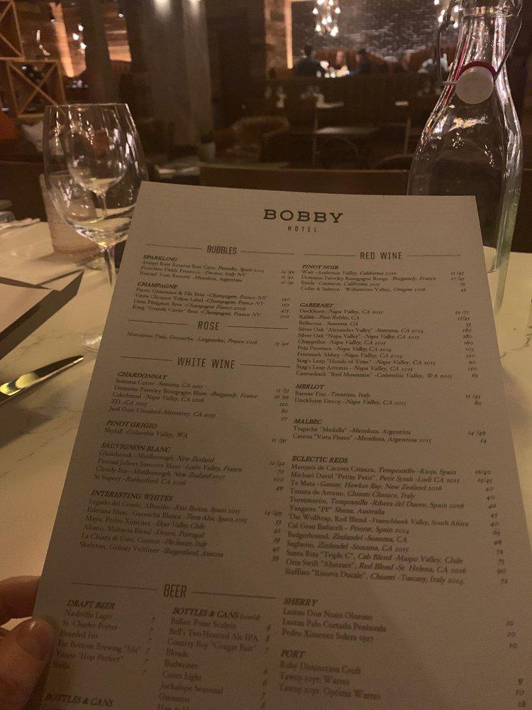 Menu at Bobby Hotel Rooftop Lounge pub & bar, Nashville