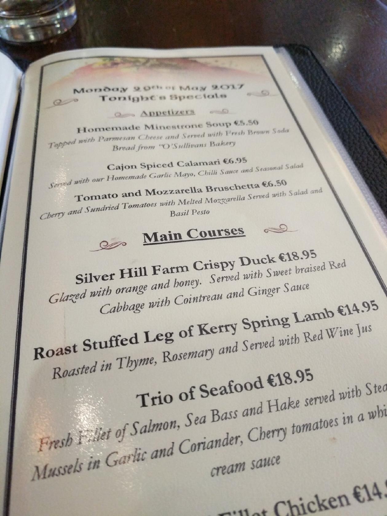Menu at Cronins Restaurant, Killarney