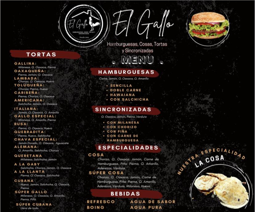 Menu at El Gallo Hamburguesas, Cosas, Tortas y Sincronizadas restaurant, Santiago de Querétaro ...