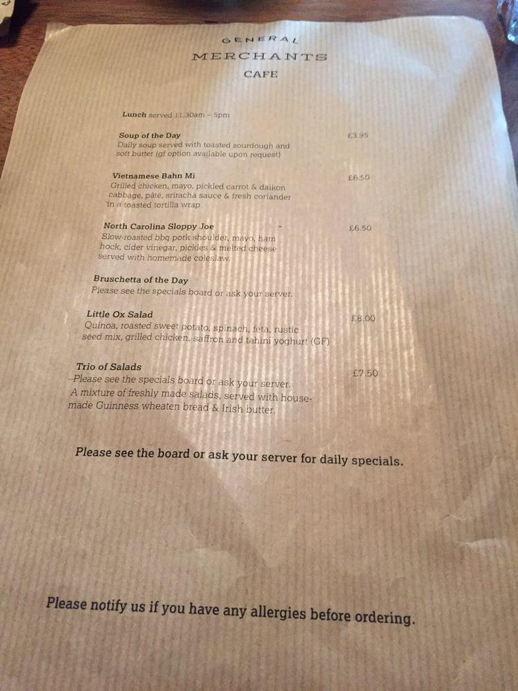 Menu at General Merchants cafe, Belfast, 481 Upper Newtownards Rd